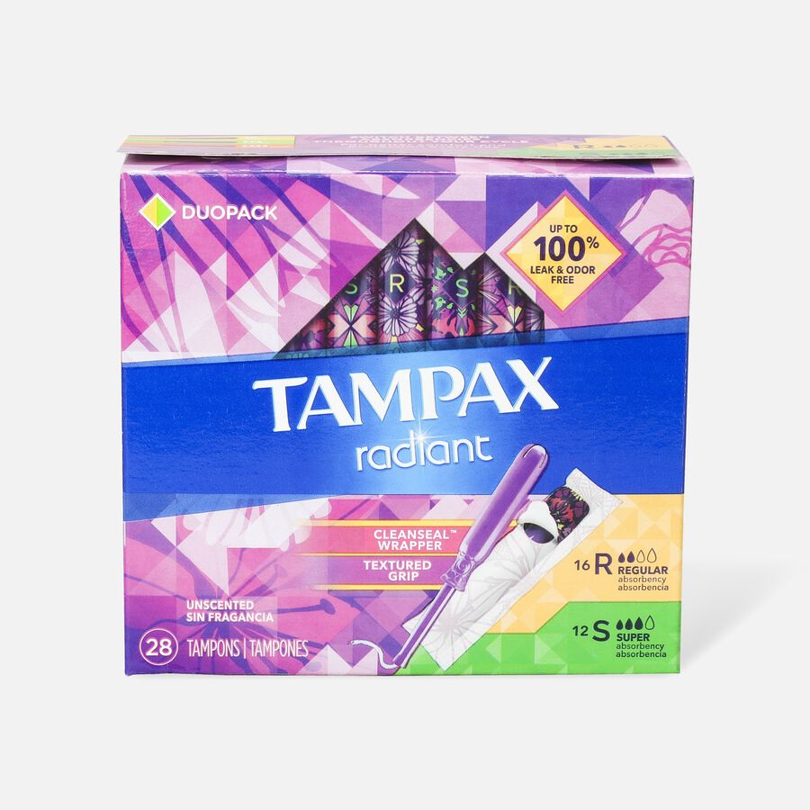 Tampax Radiant Tampons Duo Pack, Regular/Super Absorbency with BPA-Free Plastic Applicator and ...